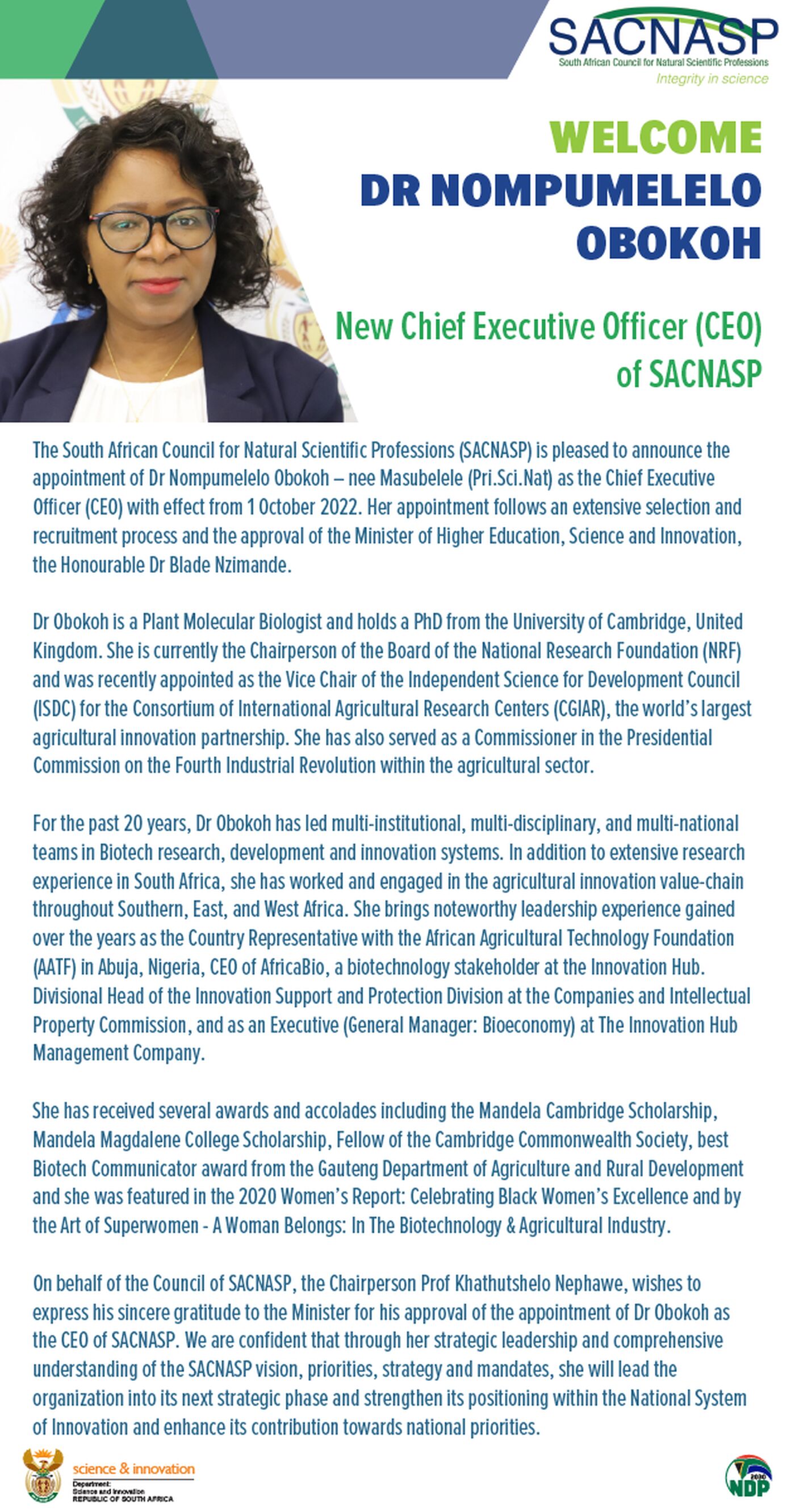 SACNASP welcomes Dr Nompumelelo Obokoh as the new Chief Executive Officer (CEO) – SACNASP